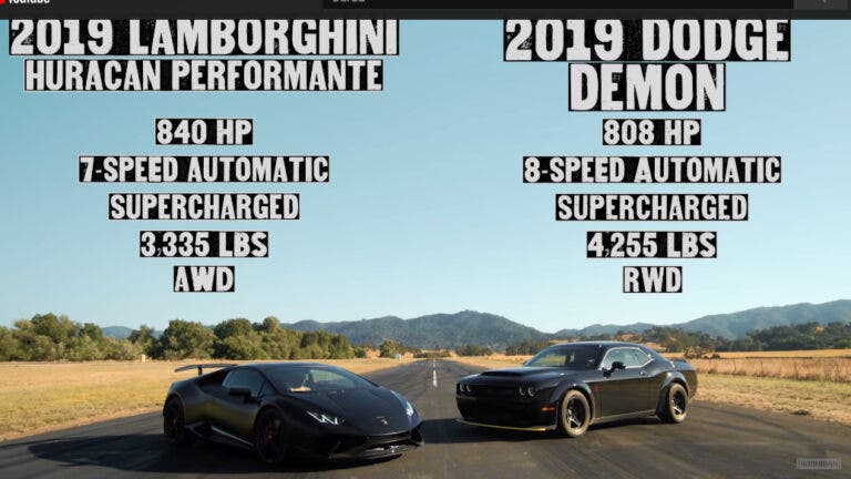 Dodge Challenger SRT Demon sfida una Huracán Performante in una drag ...